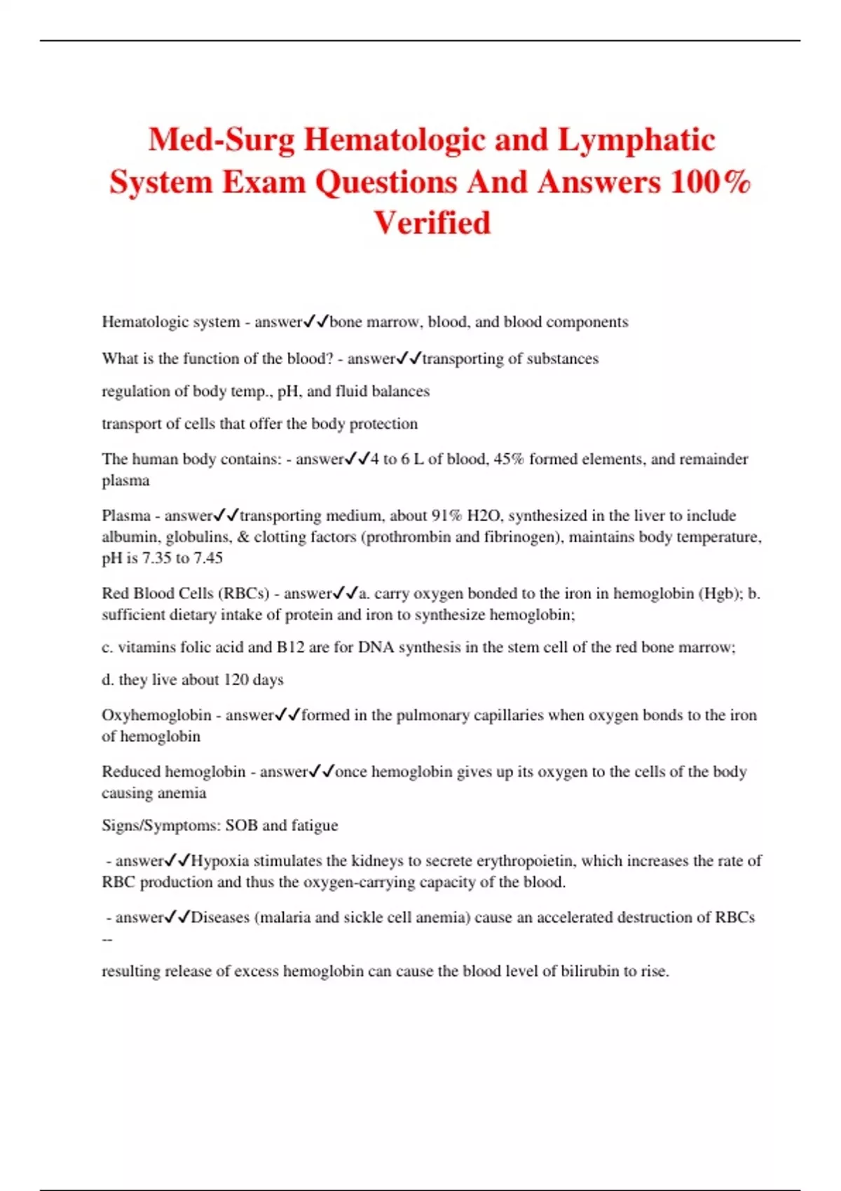 Med-Surg Hematologic and Lymphatic System Exam Questions And Answers ...