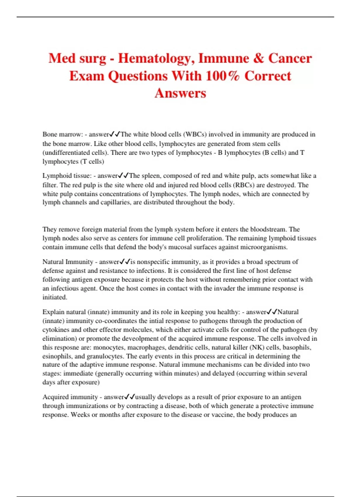 Med surg - Hematology, Immune & Cancer Exam Questions With 100% Correct ...