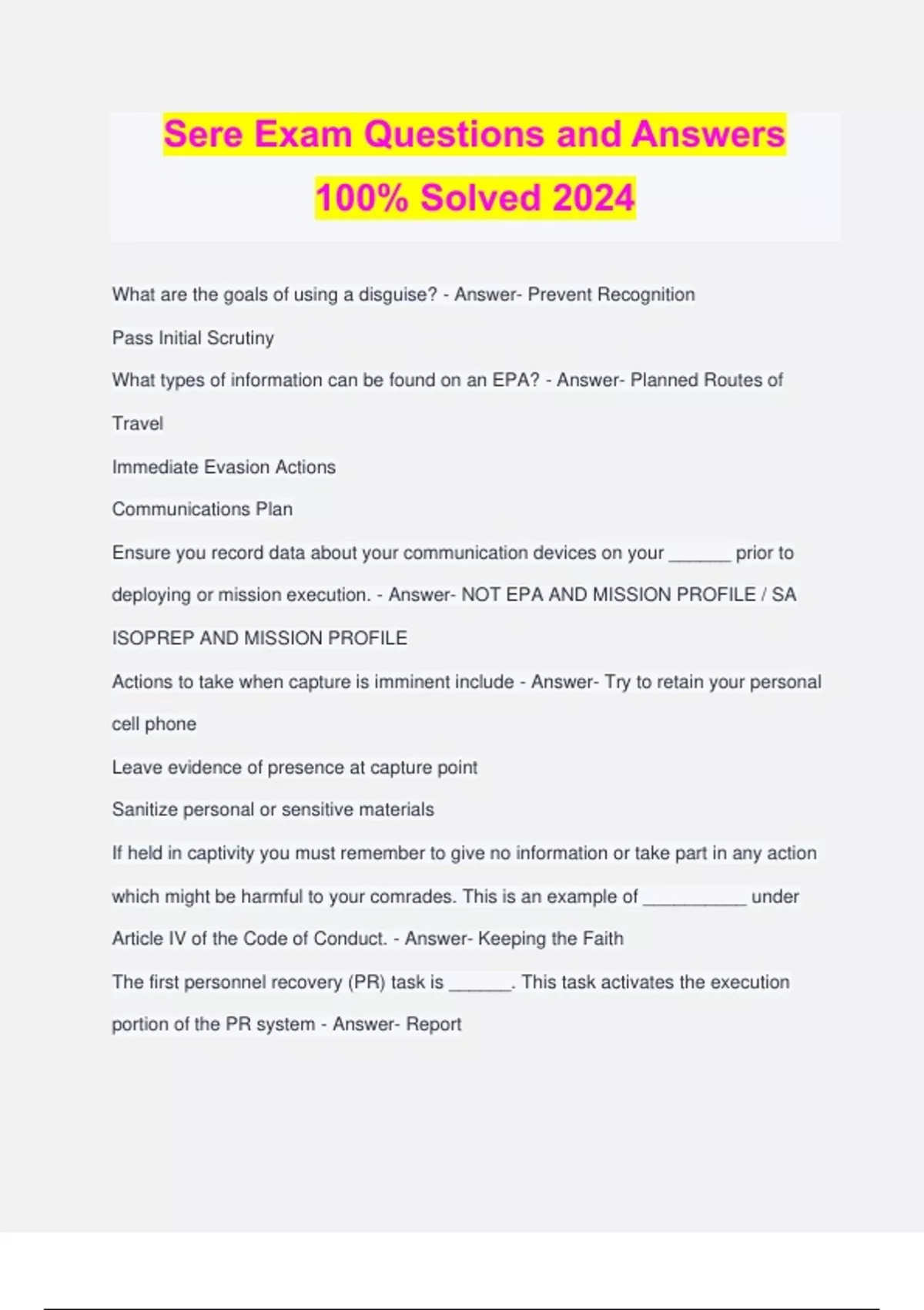 Sere Exam Questions And Answers 100 Solved 2024 Sere Stuvia Us