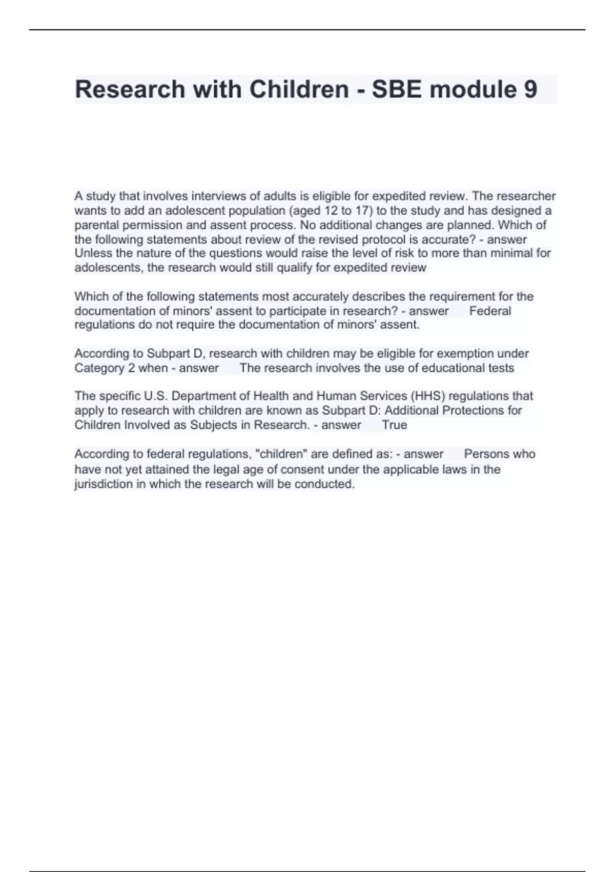 Research with Children - SBE module 9 Questions with Accurate Answers 2024 - SBE - Stuvia US