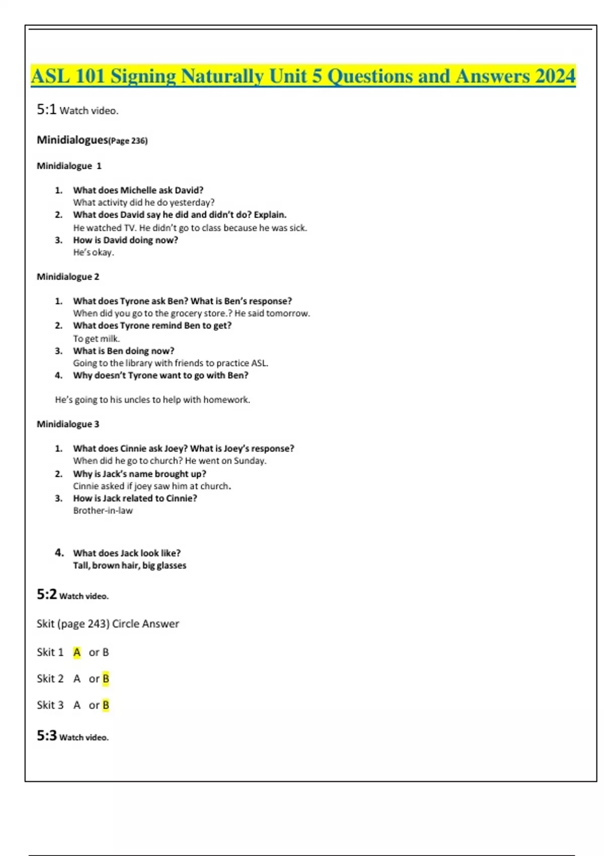 ASL 101 Signing Naturally Unit 5 Questions and Answers 2024. - ASL ...