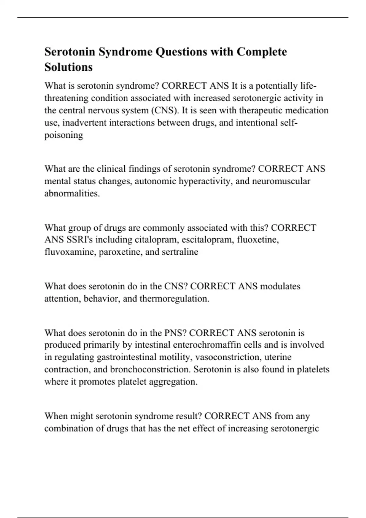 Serotonin Syndrome Questions with Complete Solutions - Serotonin Syndrome - Stuvia US