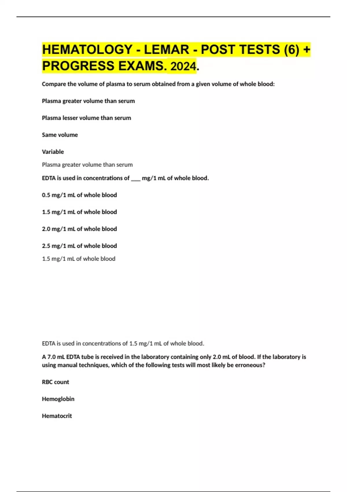 HEMATOLOGY - LEMAR - POST TESTS (6) + PROGRESS EXAMS. 2024 ...