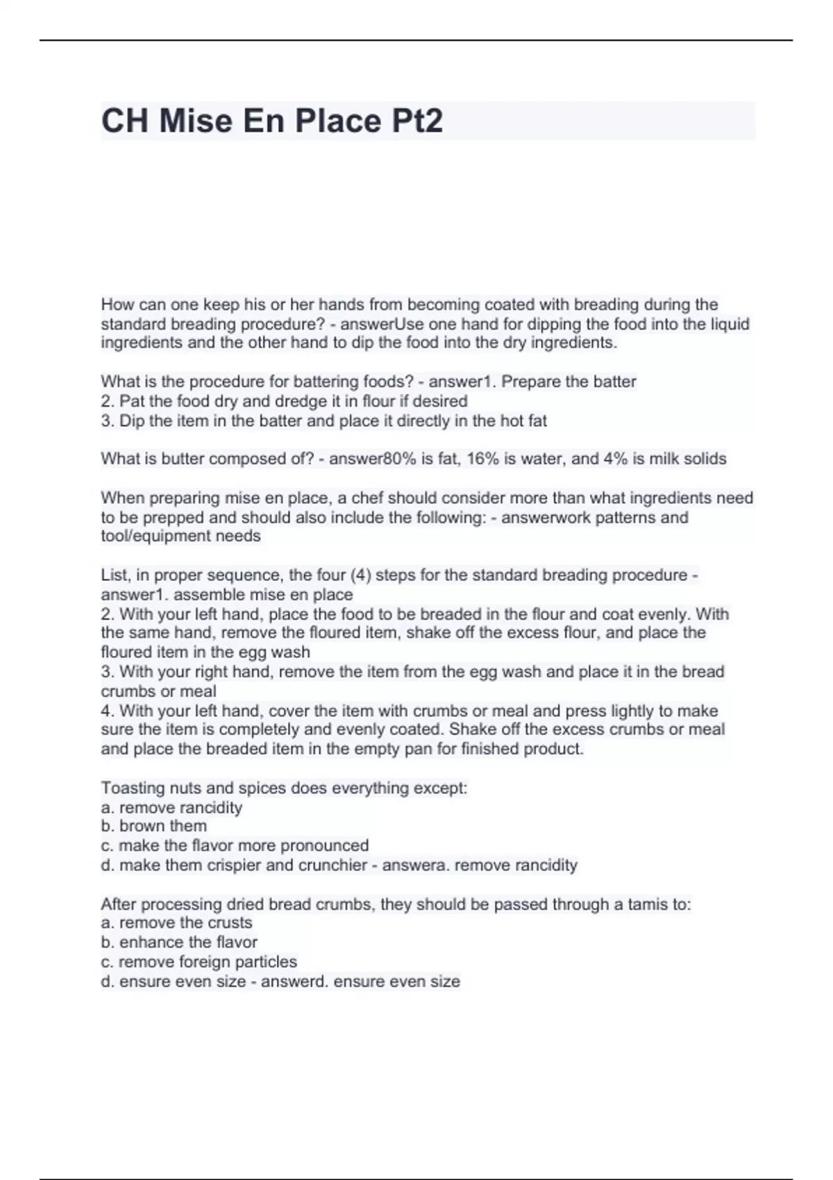 CH Mise En Place Pt2 Questions and Answers 2024 - Tamis - Stuvia US