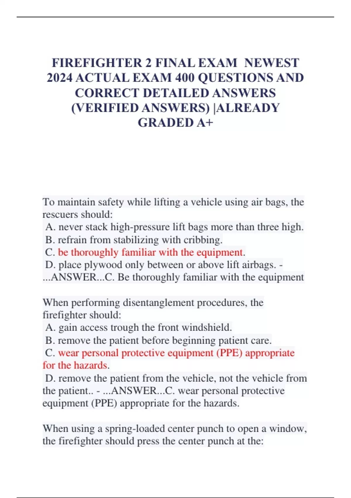 FIREFIGHTER 2 FINAL EXAM NEWEST 2024 ACTUAL EXAM 400 QUESTIONS AND CORRECT DETAILED ANSWERS ...
