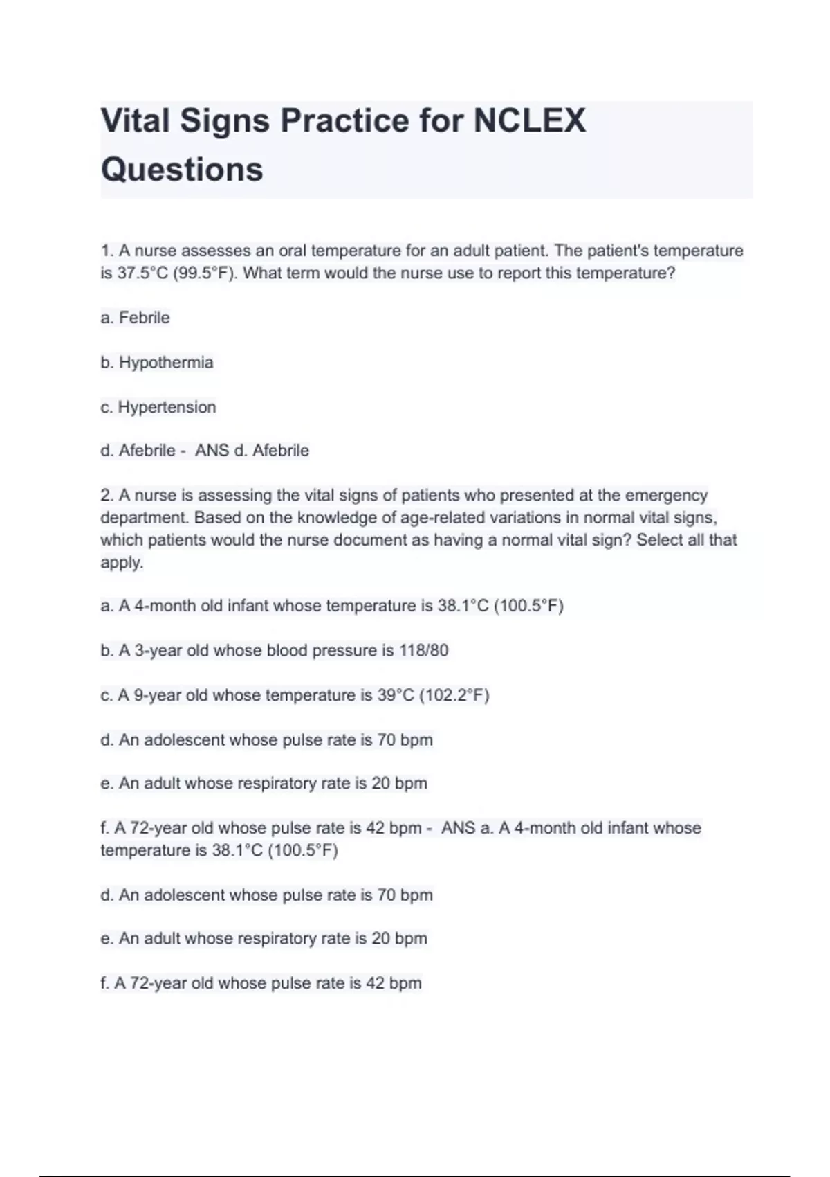 NCLEX-RN Vital Signs Practice Questions and answers (A+ GRADED 100% ...