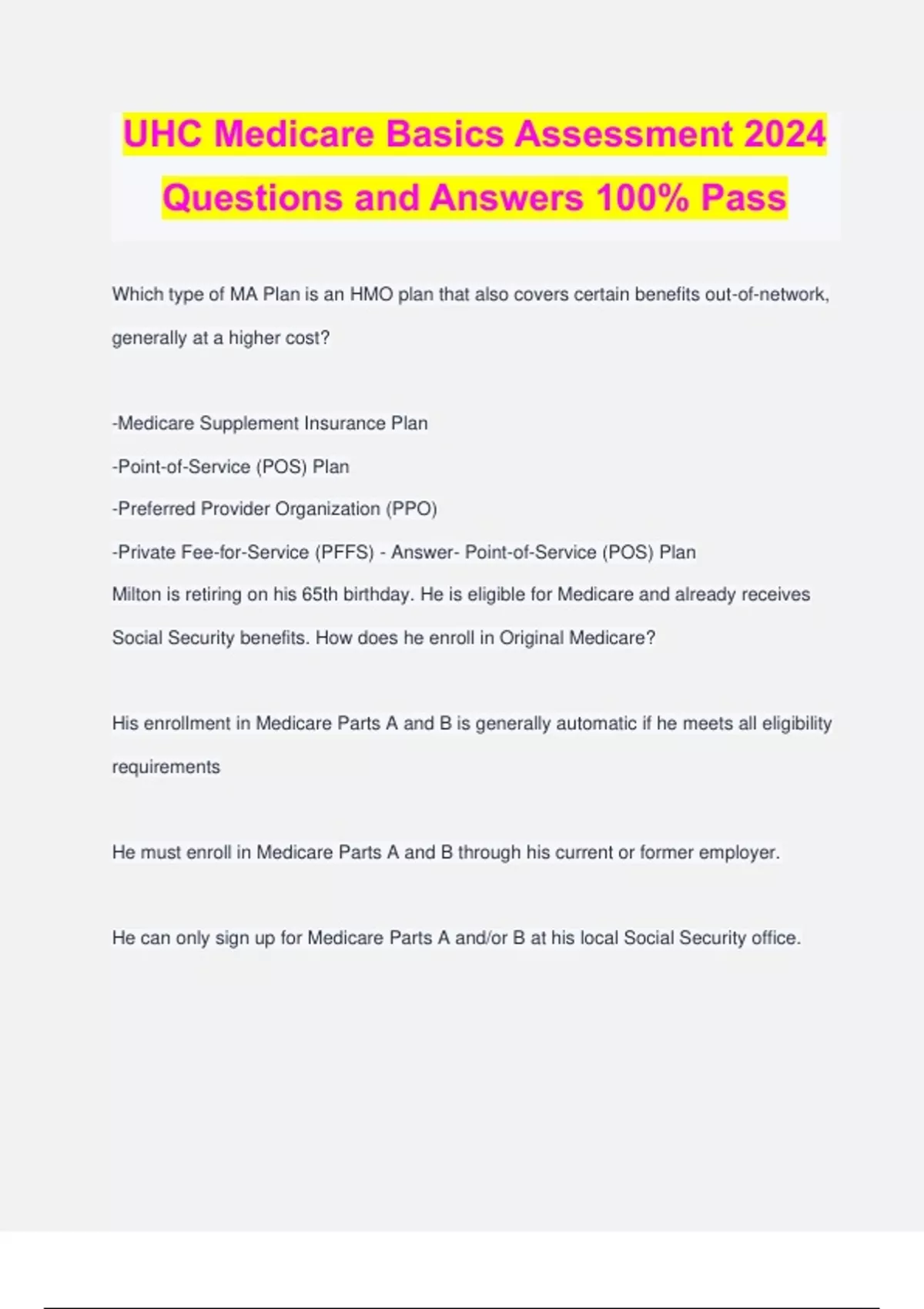 UHC Medicare Basics Assessment 2024 Questions and Answers 100% Pass ...