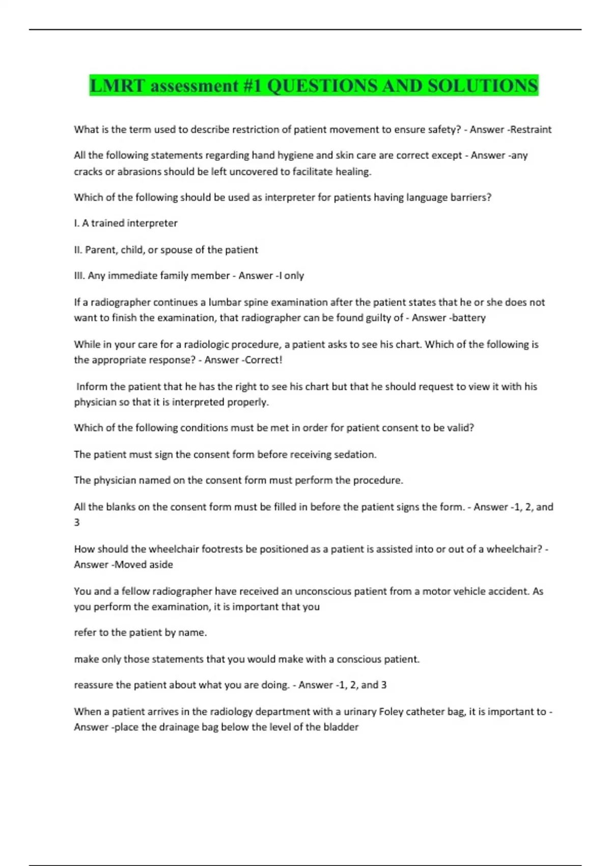 LMRT assessment #1 QUESTIONS AND SOLUTIONS - LMRT - Stuvia US