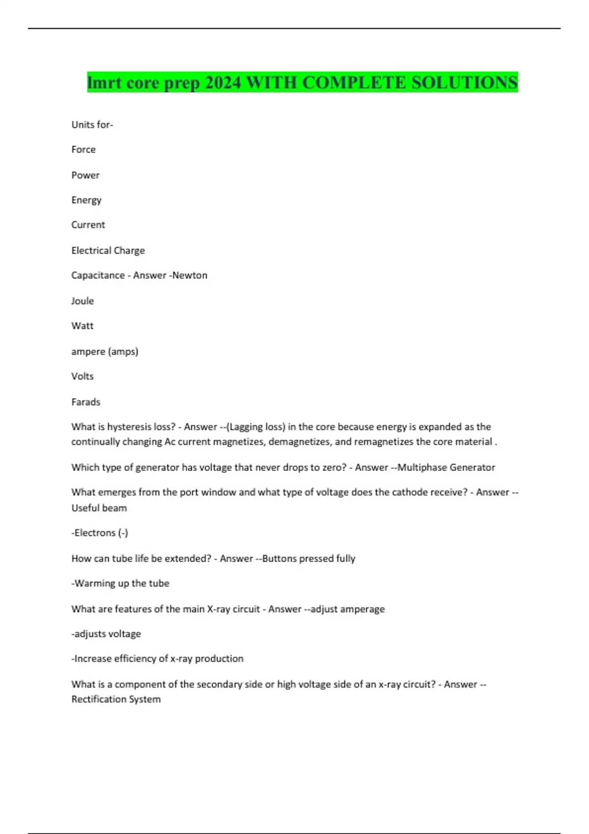 LMRT core prep 2024 WITH COMPLETE SOLUTIONS - LMRT - Stuvia US