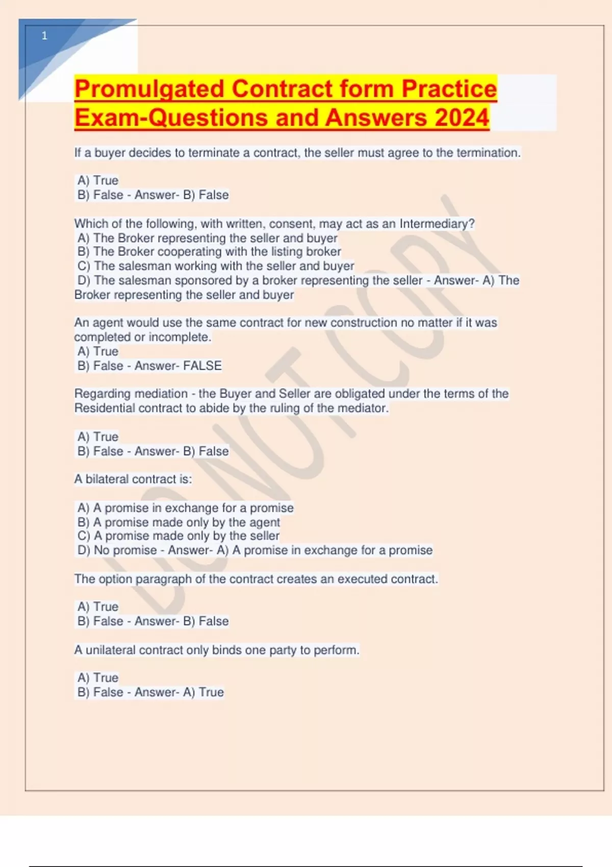 Promulgated Contract form Practice Exam-Questions and Answers 2024 ...