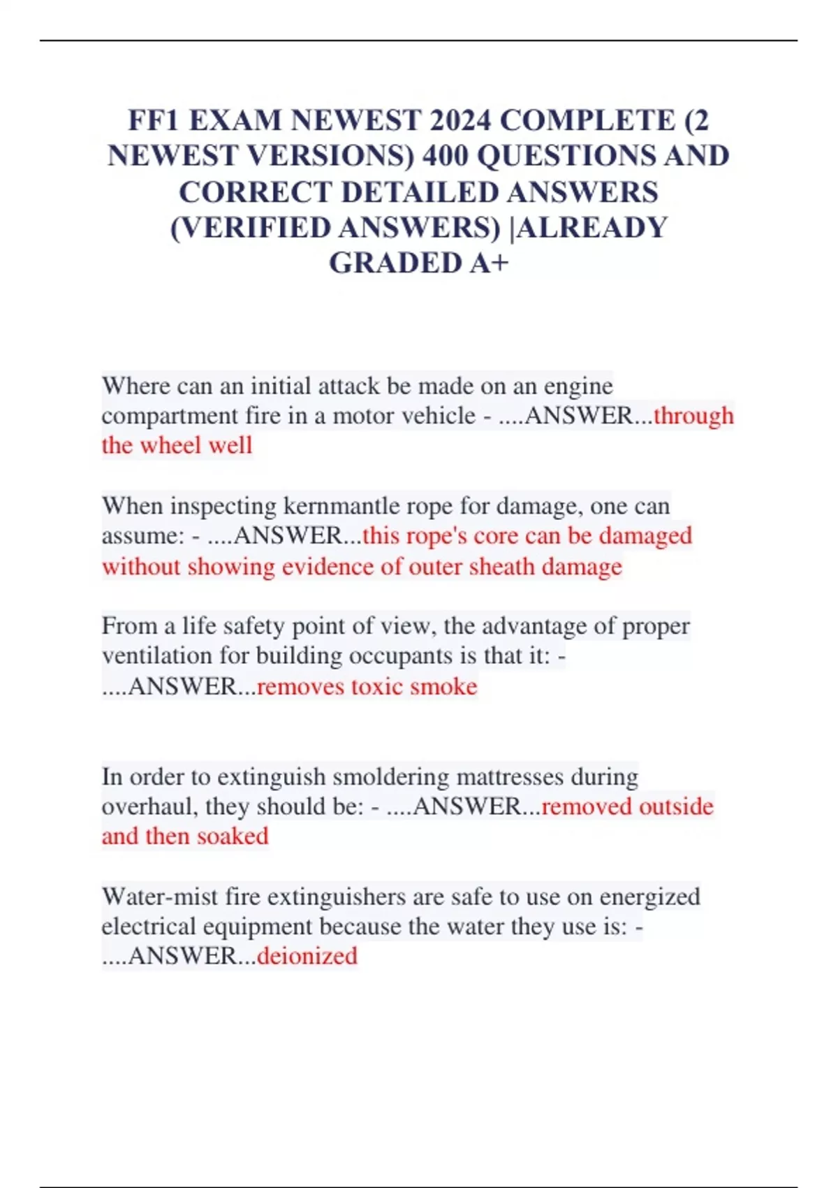 FF1 EXAM NEWEST 2024 COMPLETE (2 NEWEST VERSIONS) 400 QUESTIONS AND ...