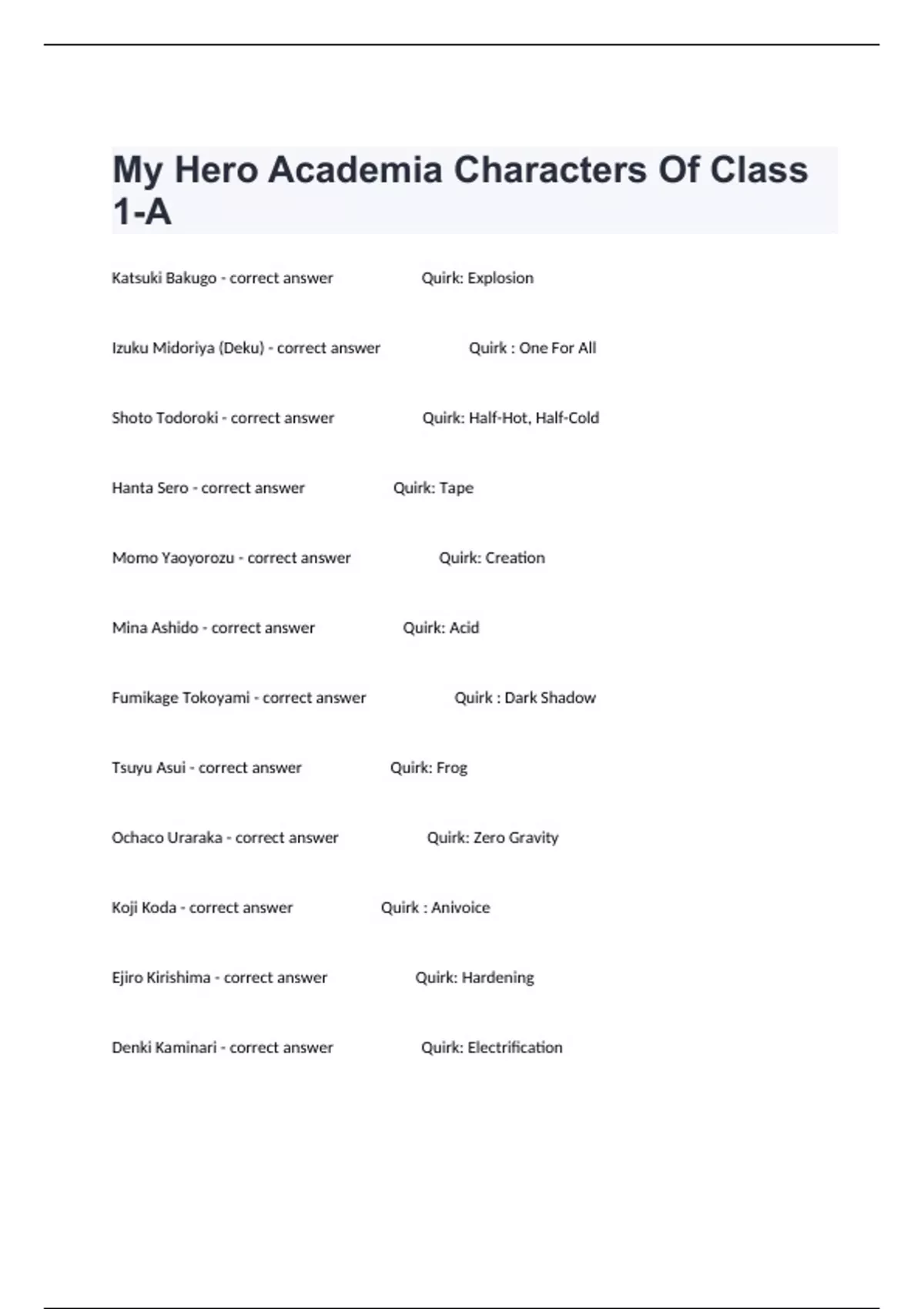 My Hero Academia Characters Of Class 1-A Question Fully Solved. - MHA ...