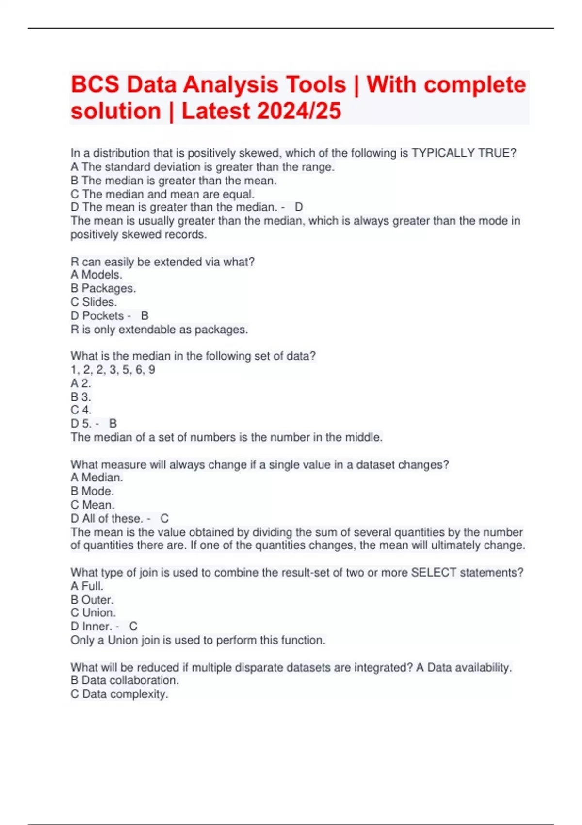 BCS Software Development Level 3 KM1 Quiz 2024 with complete solution - BCS Data Analysis Tools ...