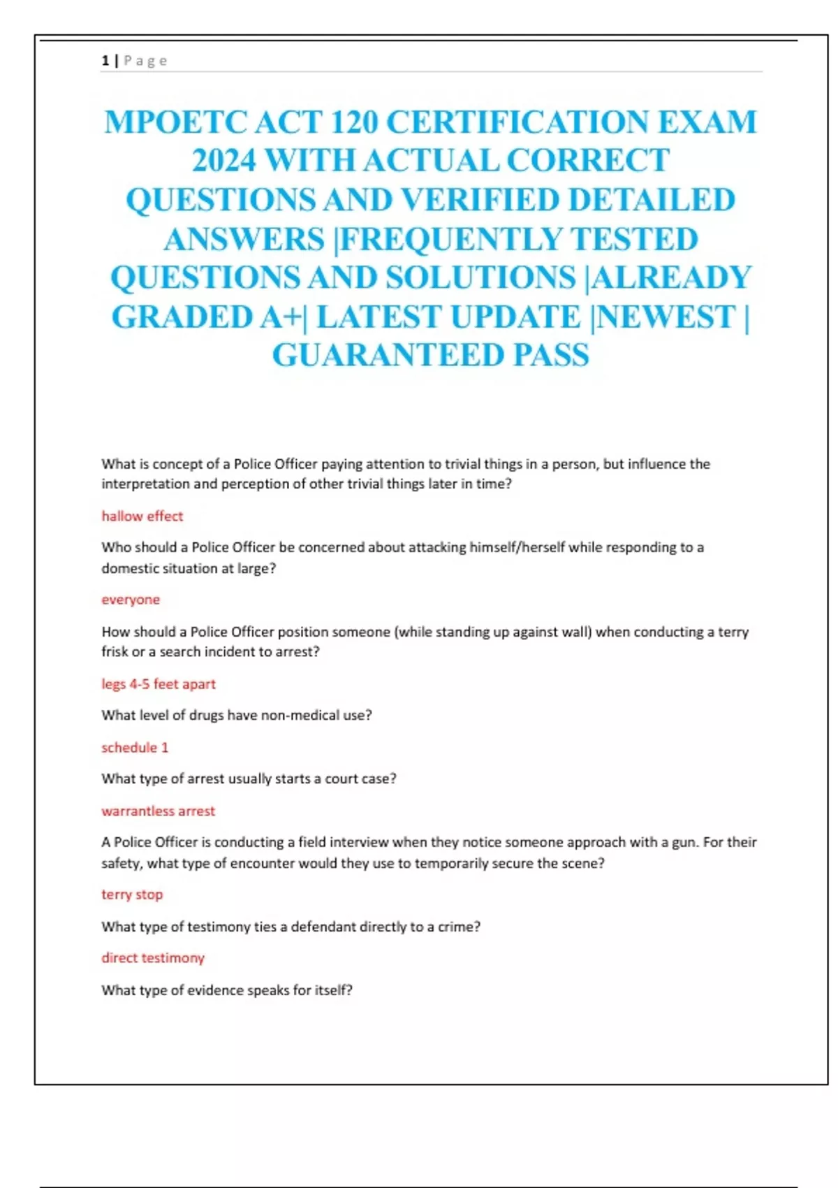 MPOETC ACT 120 CERTIFICATION EXAM 2024 WITH ACTUAL CORRECT QUESTIONS ...