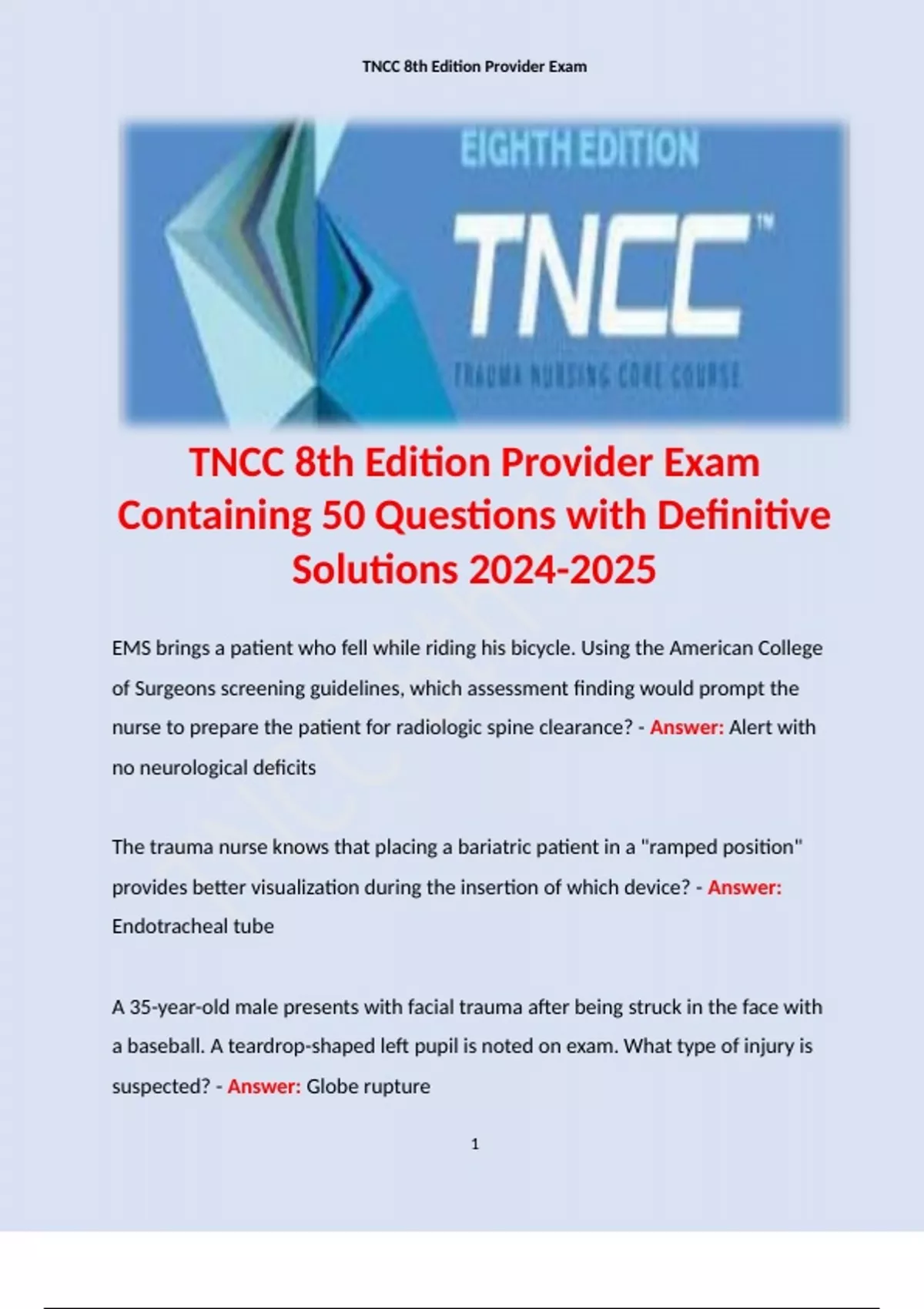 TNCC 8th Edition Provider Exam Containing 50 Questions with Definitive ...