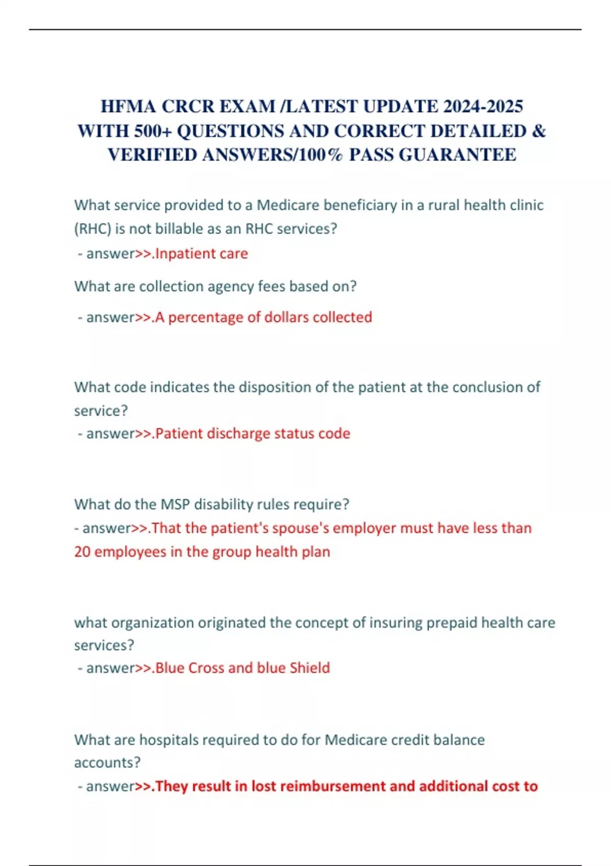 HFMA CRCR EXAM /LATEST UPDATE WITH 500+ QUESTIONS AND CORRECT DETAILED ...