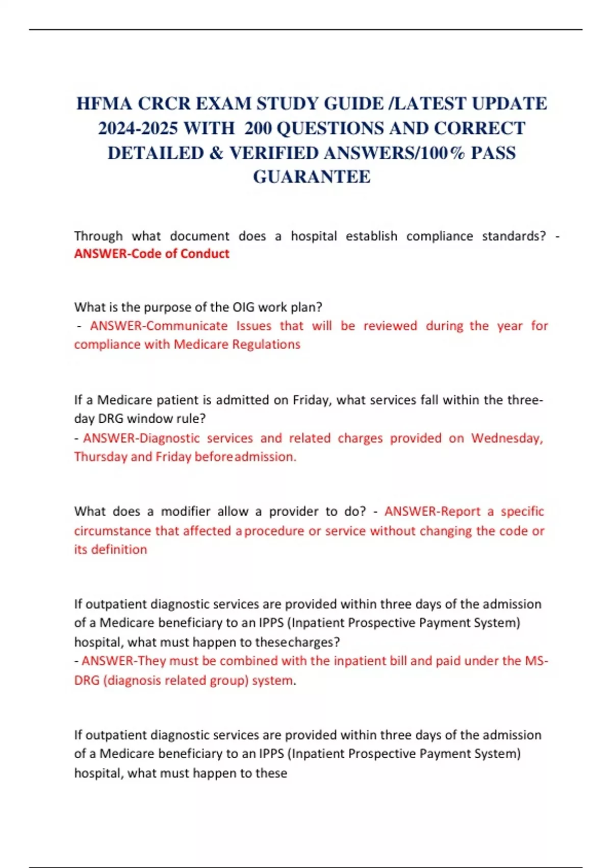 HFMA CRCR EXAM STUDY GUIDE /LATEST UPDATE WITH 200 QUESTIONS AND ...