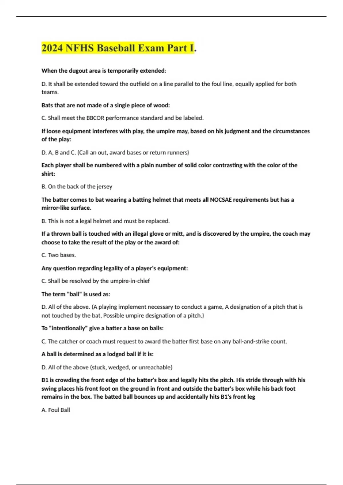 2024 NFHS Baseball Exam Part I. - NFHS Baseball - Stuvia US