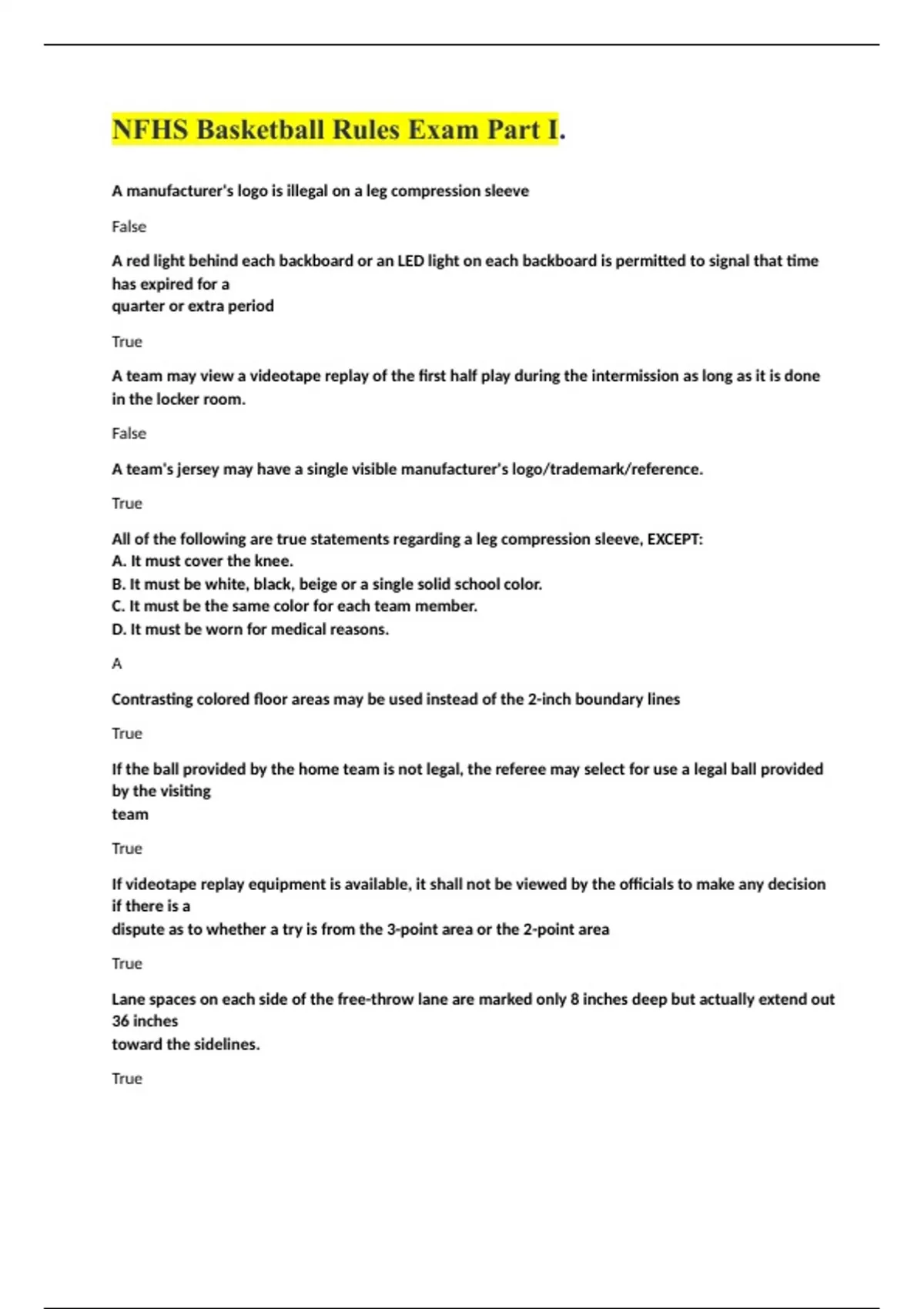 NFHS Basketball Rules Exam Part I. - NFHS Basketball Rules - Stuvia US