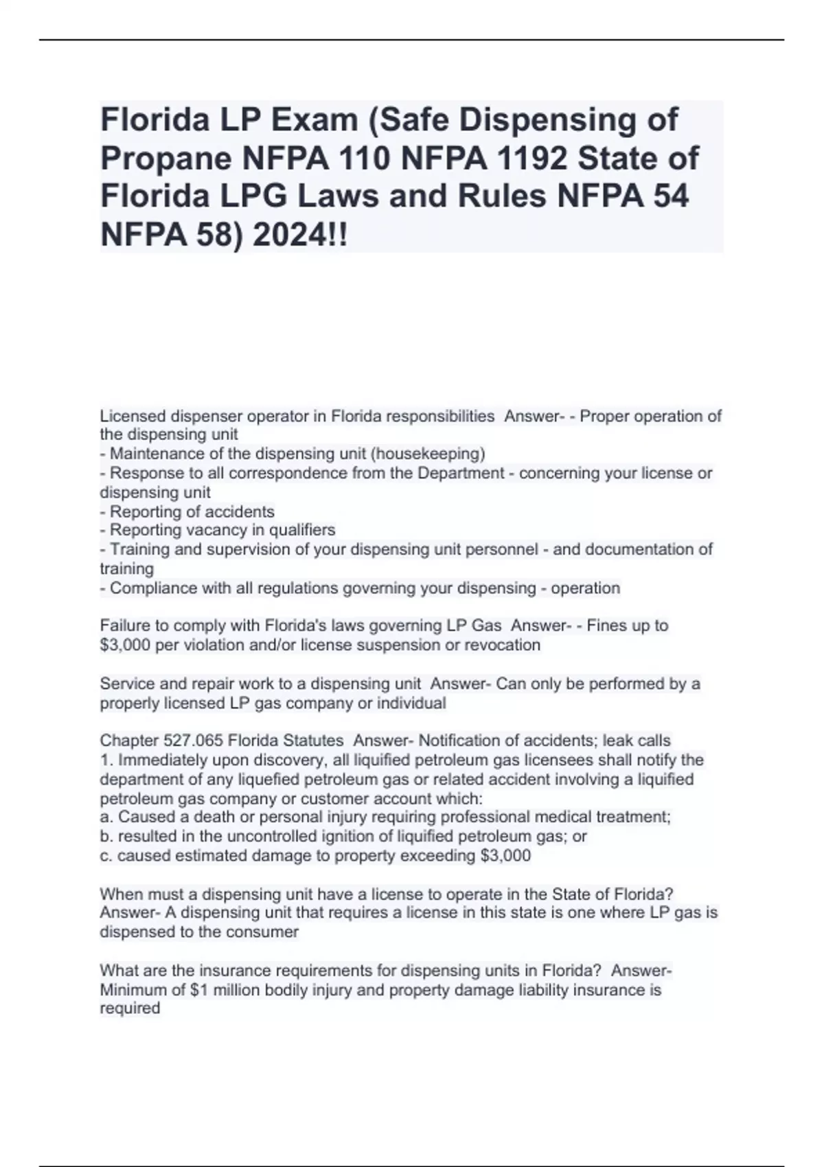 FLORIDA LP EXAM (SAFE DISPENSING OF PROPANE NFPA 110 NFPA 1192 STATE OF FLORIDA LPG LAWS AND ...