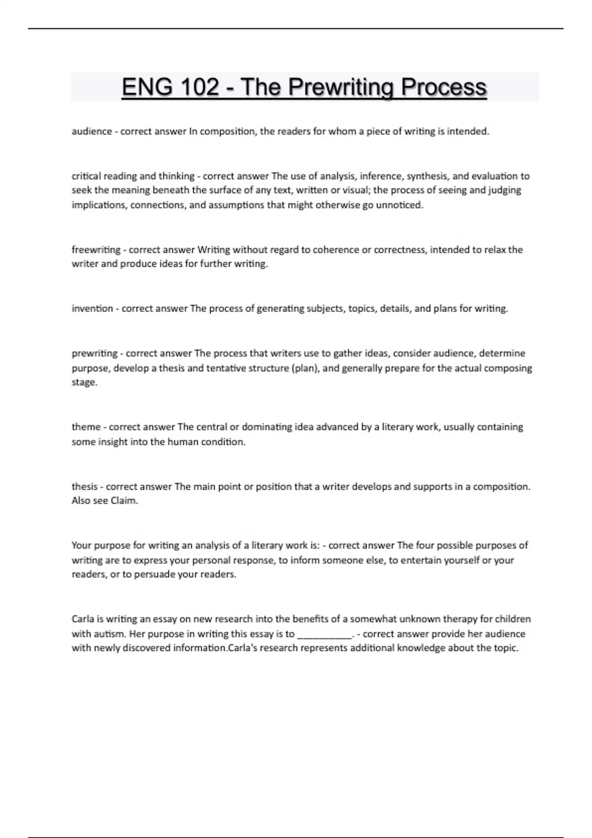 ENG 102 - The Prewriting Process Questions and answers latest update ...