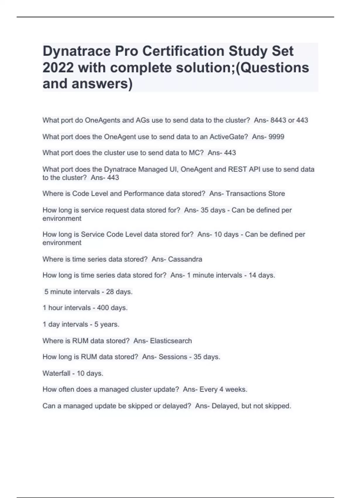 Dynatrace Pro Certification Study Set 2024 with complete solution - RN nursing - Stuvia US