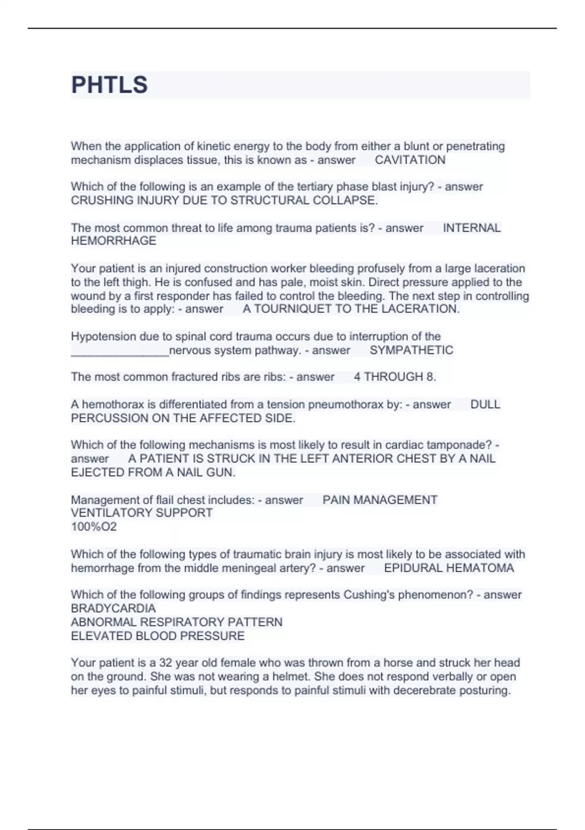 PHTLS EXAM BUNDLE LATEST UPDATED 2024 - Stuvia US