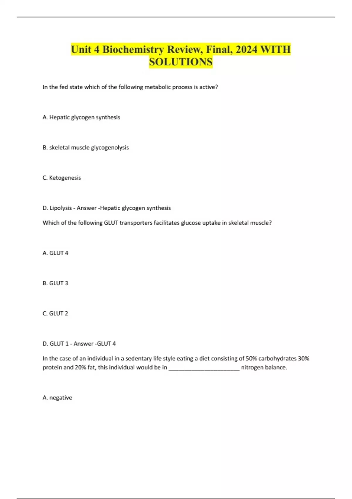 Unit 4 Biochemistry Review, Final, 2024 WITH SOLUTIONS - UNE ...