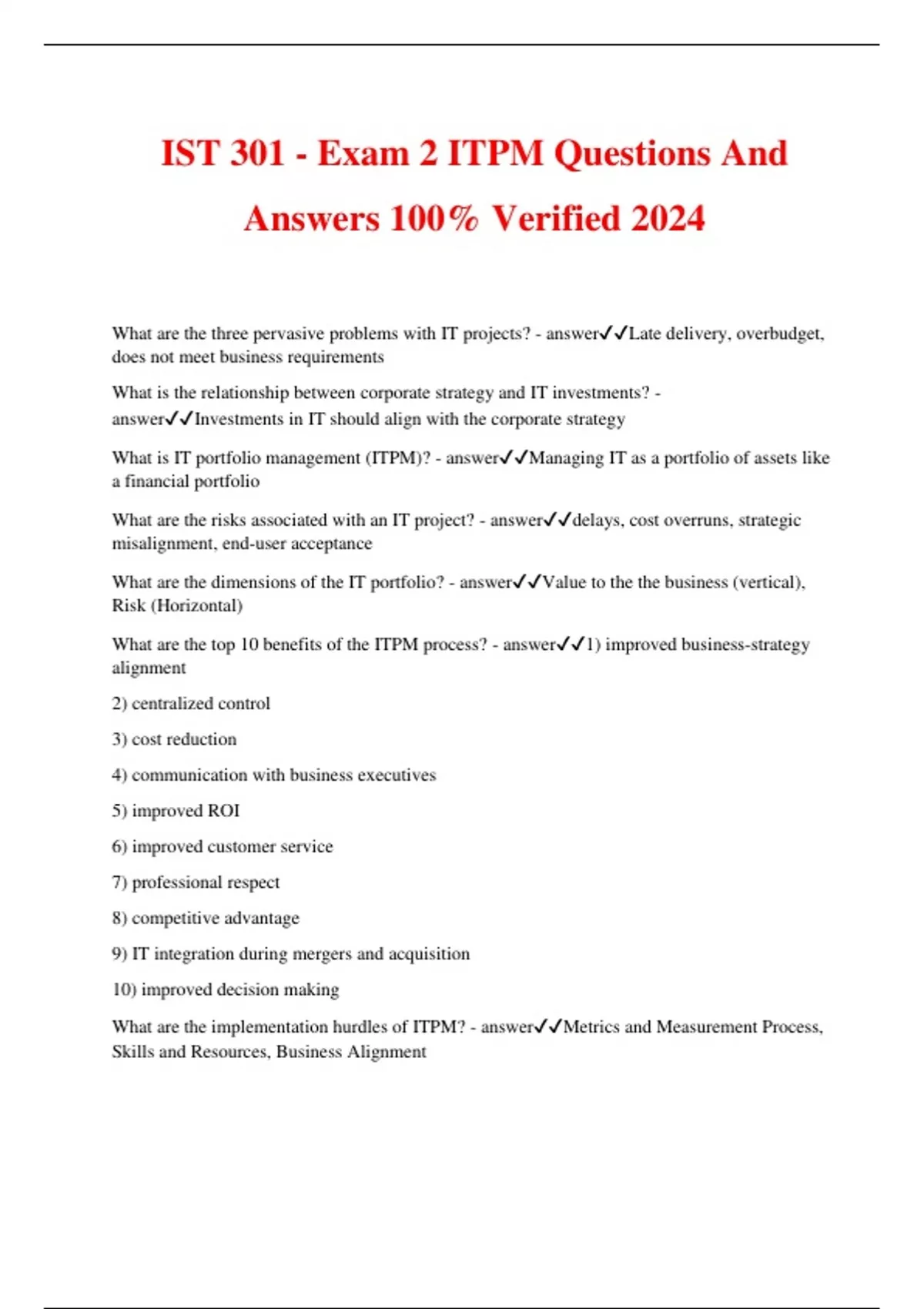 IST 301 - Exam 2 ITPM Questions And Answers 100% Verified 2024 - ITPM - Stuvia US