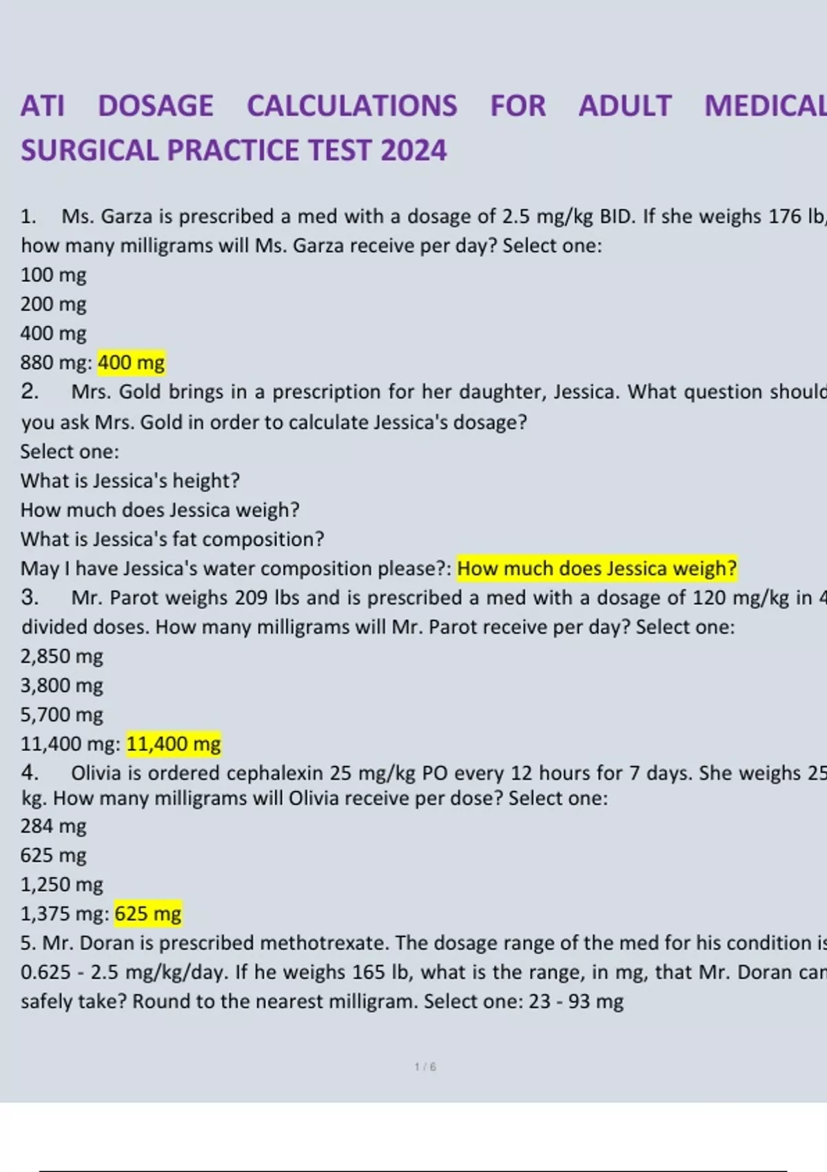 ATI DOSAGE CALCULATIONS FOR ADULT MEDICAL SURGICAL PRACTICE TEST 2024 ...