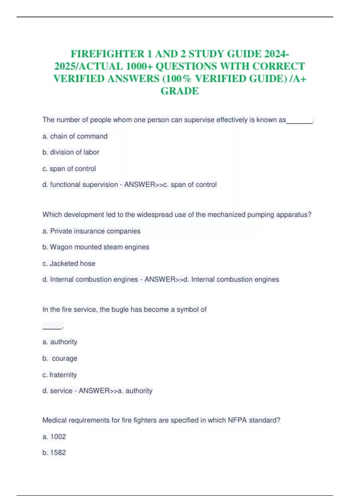 FIREFIGHTER 1 AND 2 STUDY GUIDE /ACTUAL 1000+ QUESTIONS WITH CORRECT VERIFIED ANSWERS (100% ...