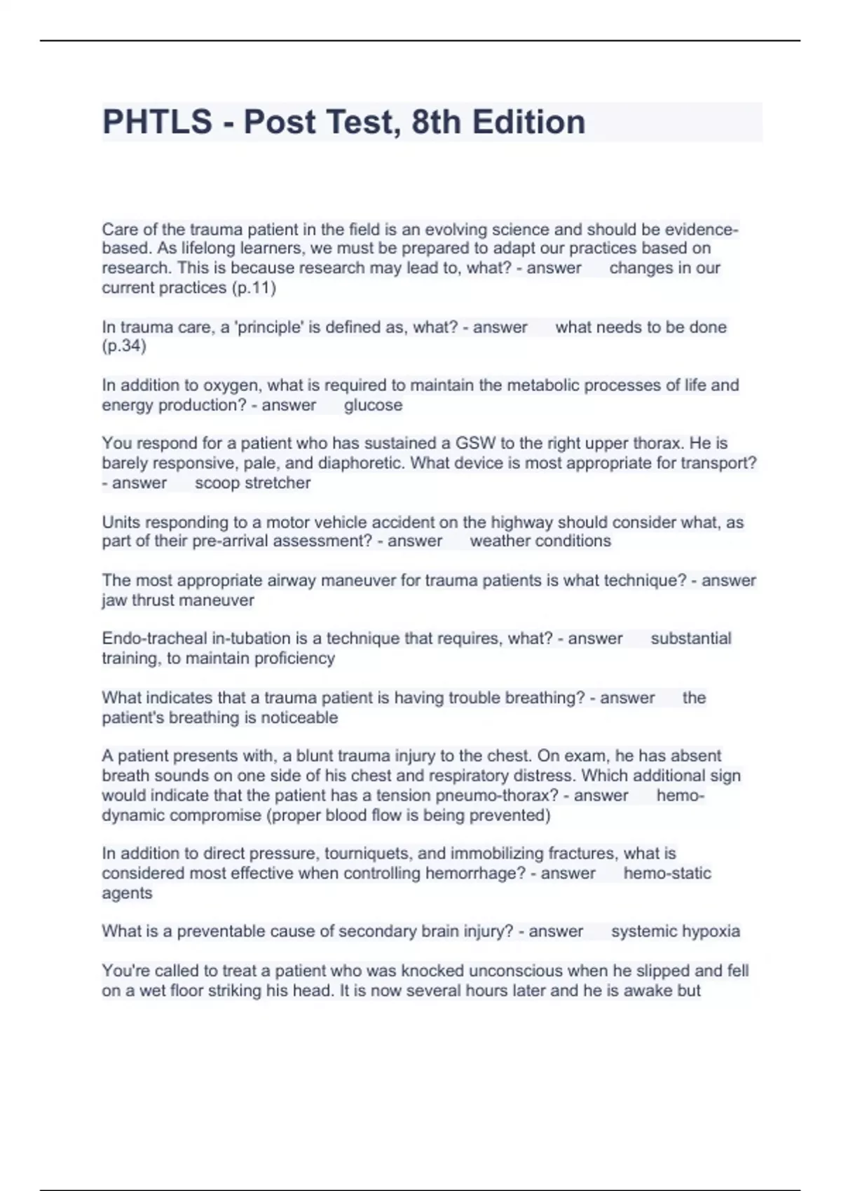 PHTLS - Post Test, 8th Edition Questions and Answers 100% Accurate ...