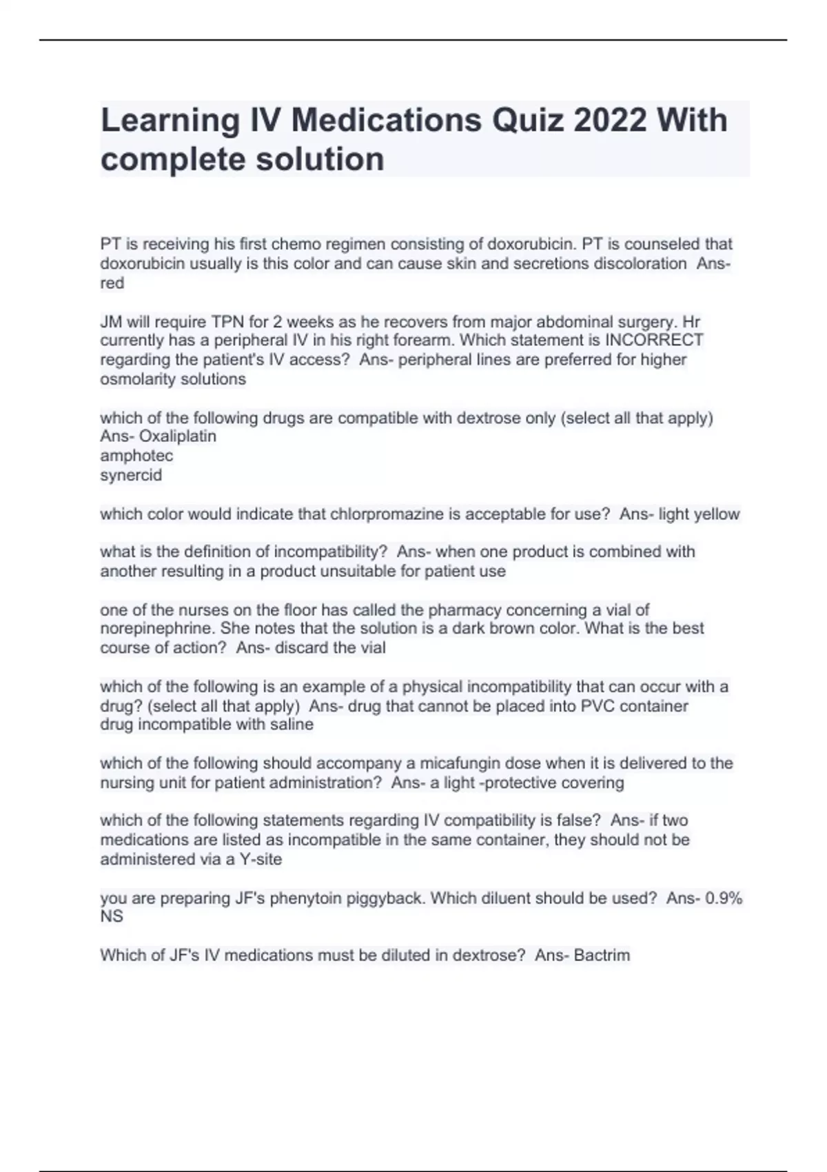 Learning IV Medications Quiz 2024 With complete solution - RN nursing ...