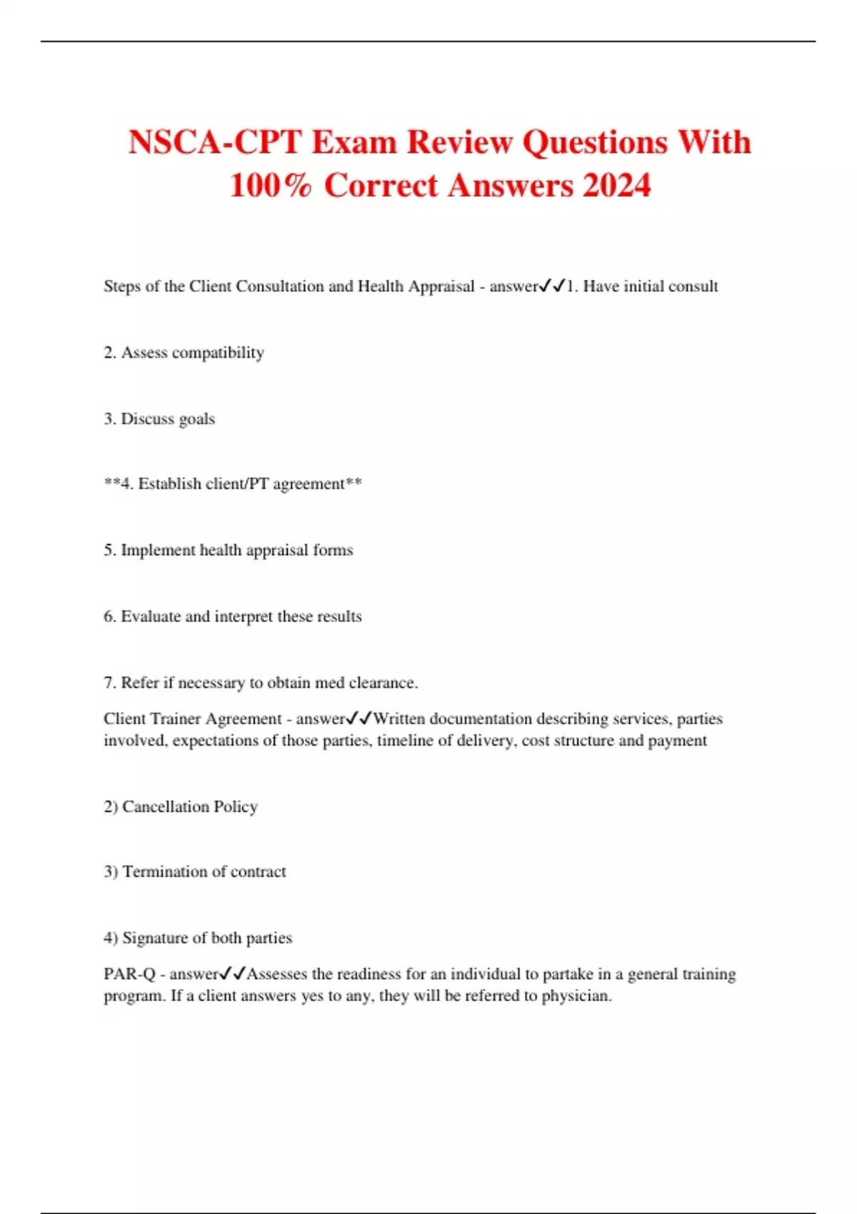 NSCA-CPT Exam Review Questions With 100% Correct Answers 2024 - NSCA-CPT - Stuvia US