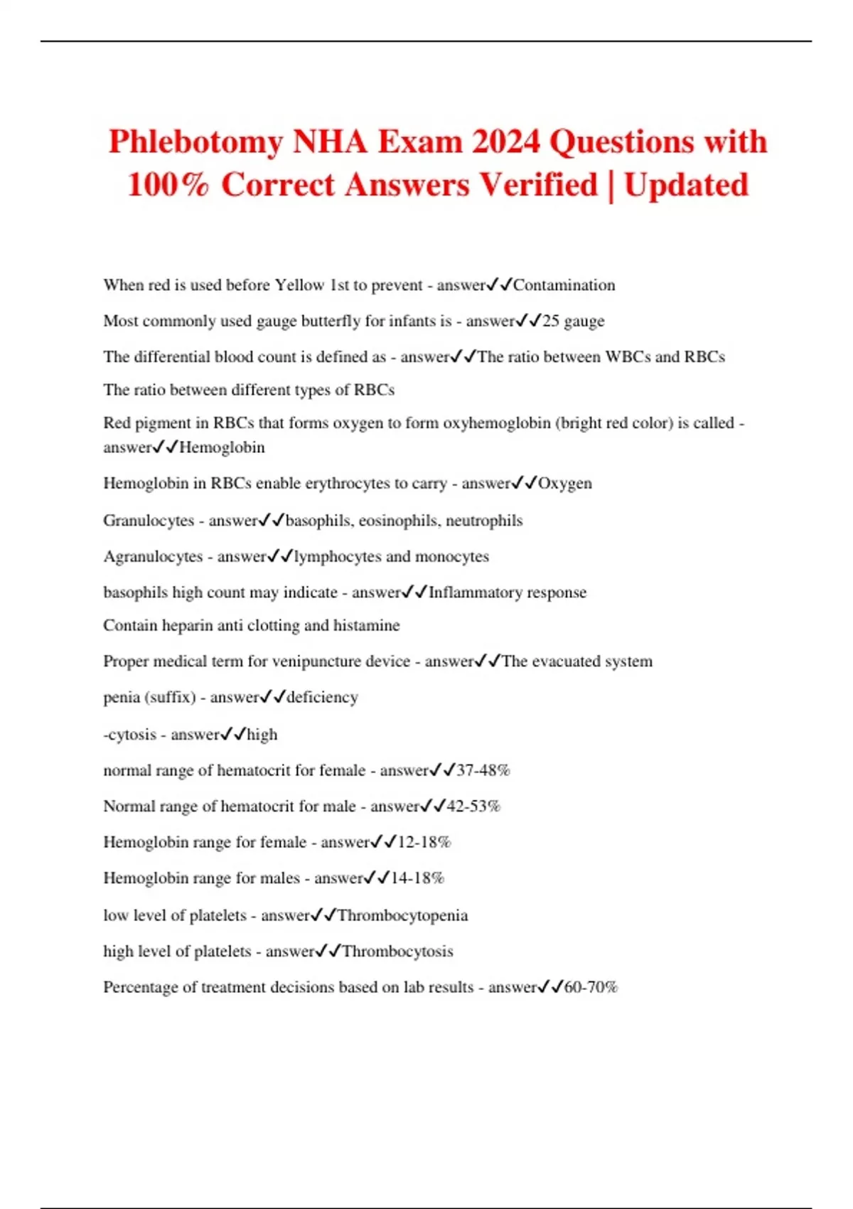 Phlebotomy NHA Exam 2024 Questions with 100% Correct Answers Verified ...