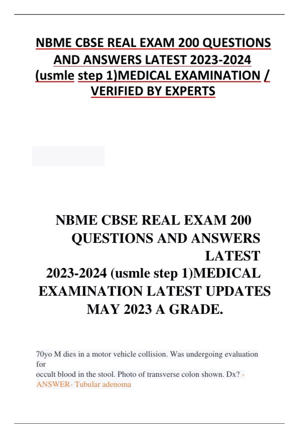 NBME CBSE REAL EXAM 200 QUESTIONS AND ANSWERS LATEST (usmle step 1 ...
