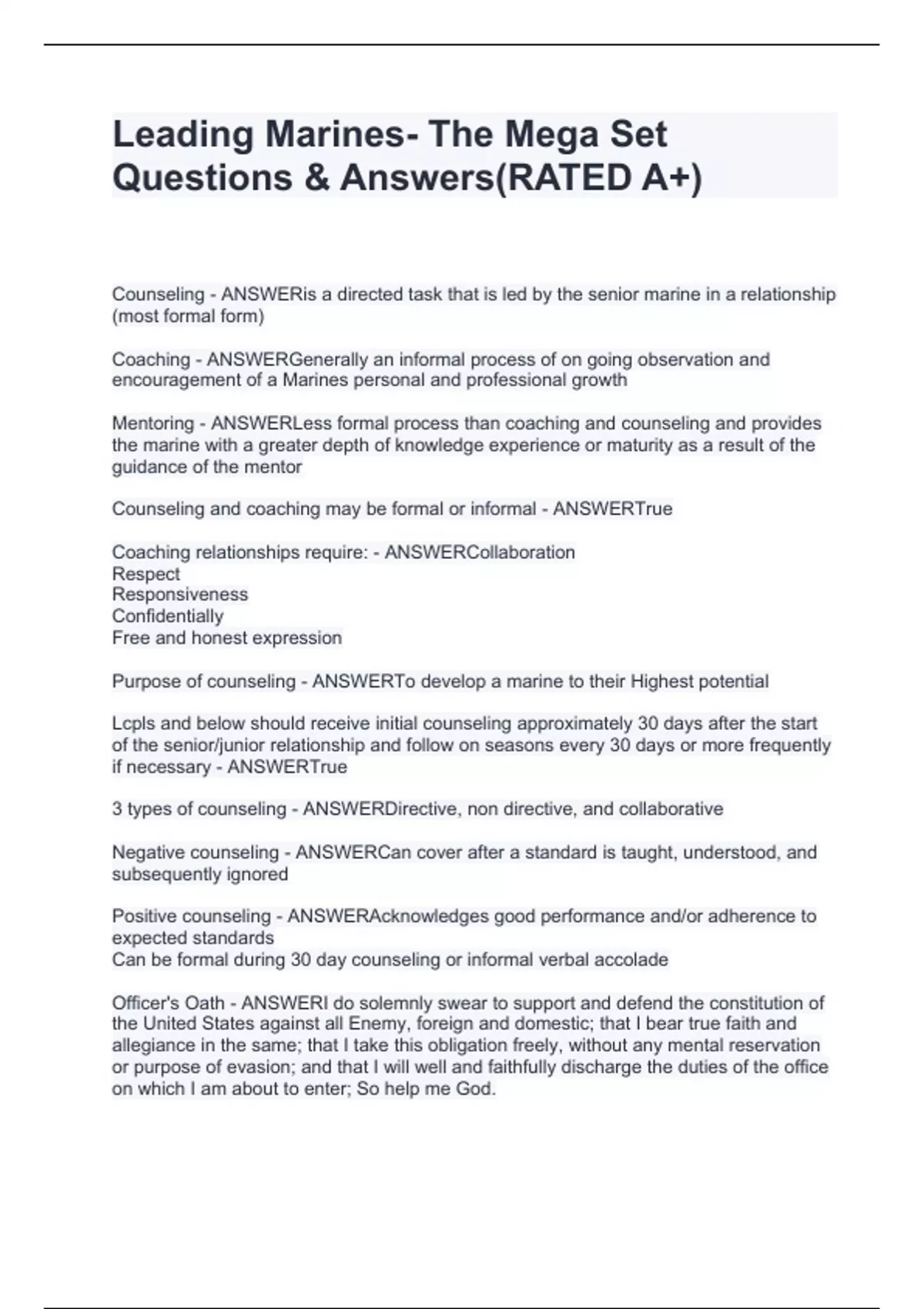 Leading Marines- The Mega Set Questions & Answers(RATED A+) - Leading ...