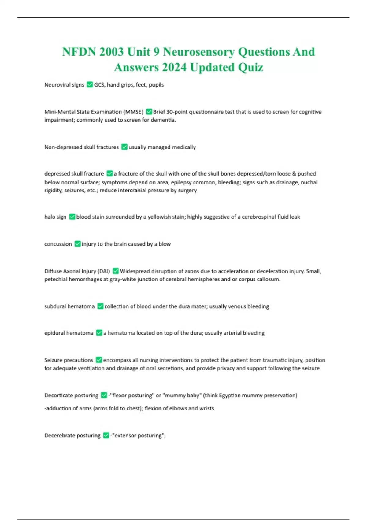 NFDN 2003 Unit 9 Neurosensory Questions And Answers 2024 Updated Quiz ...