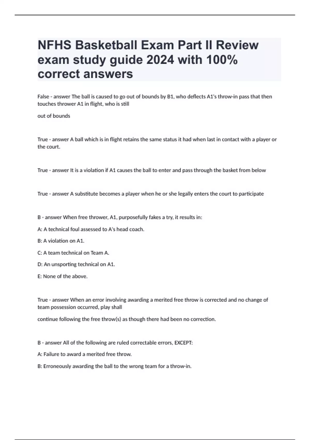 NFHS Basketball Exam Part II Review exam study guide 2024 with 100% ...