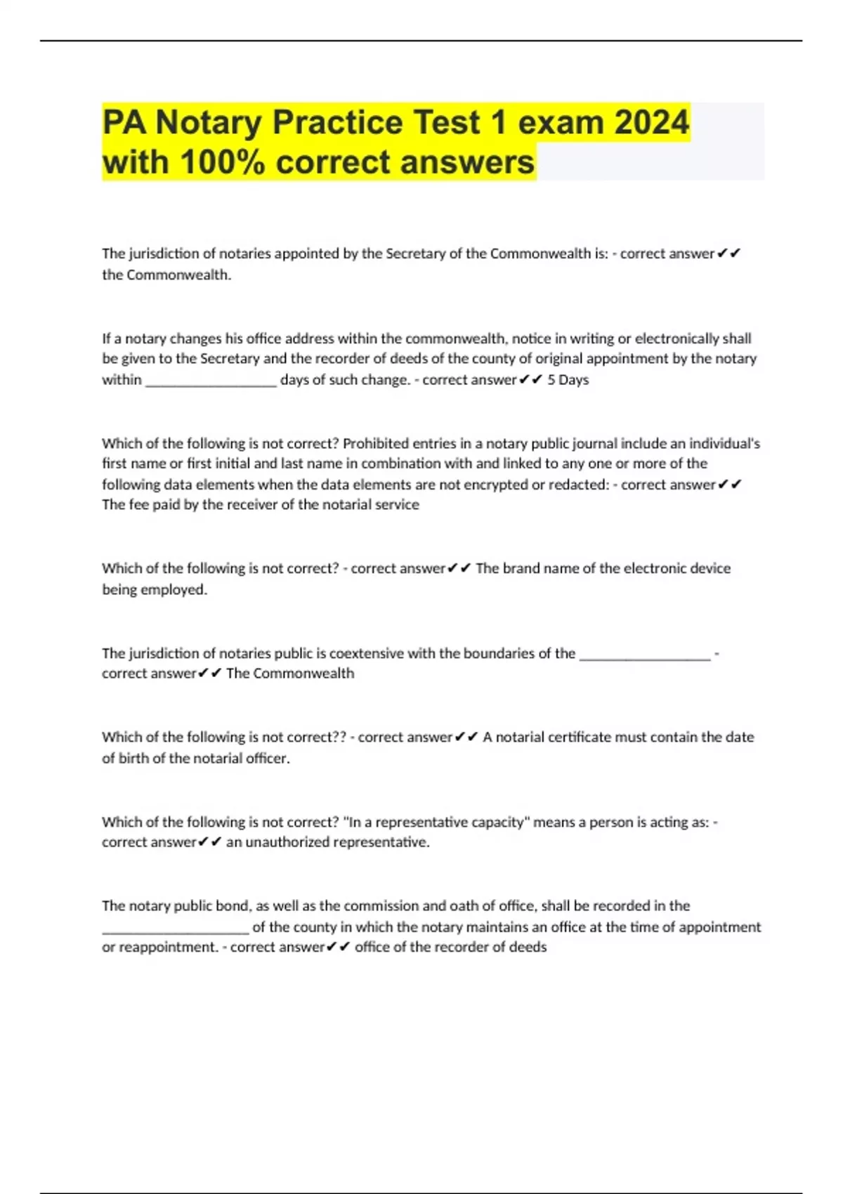 PA Notary Practice Test 1 exam 2024 with 100% correct answers - PA ...