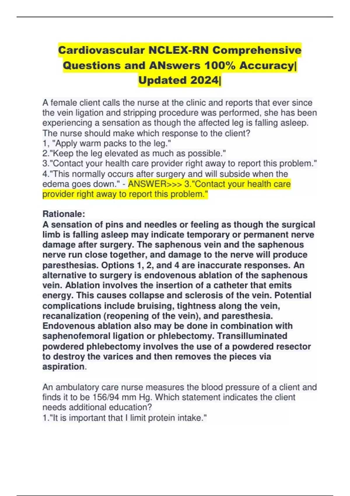 Cardiovascular NCLEX-RN Comprehensive Questions and ANswers 100% ...