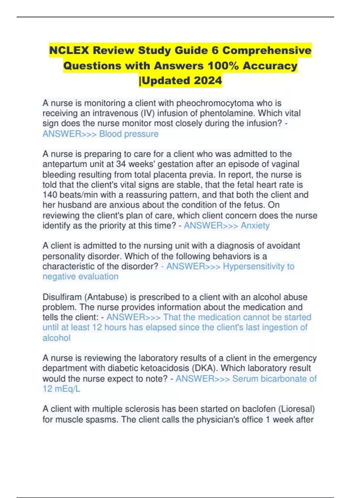 NCLEX Review Study Guide 6 Comprehensive Questions with Answers 100% Accuracy |Updated 2024 ...