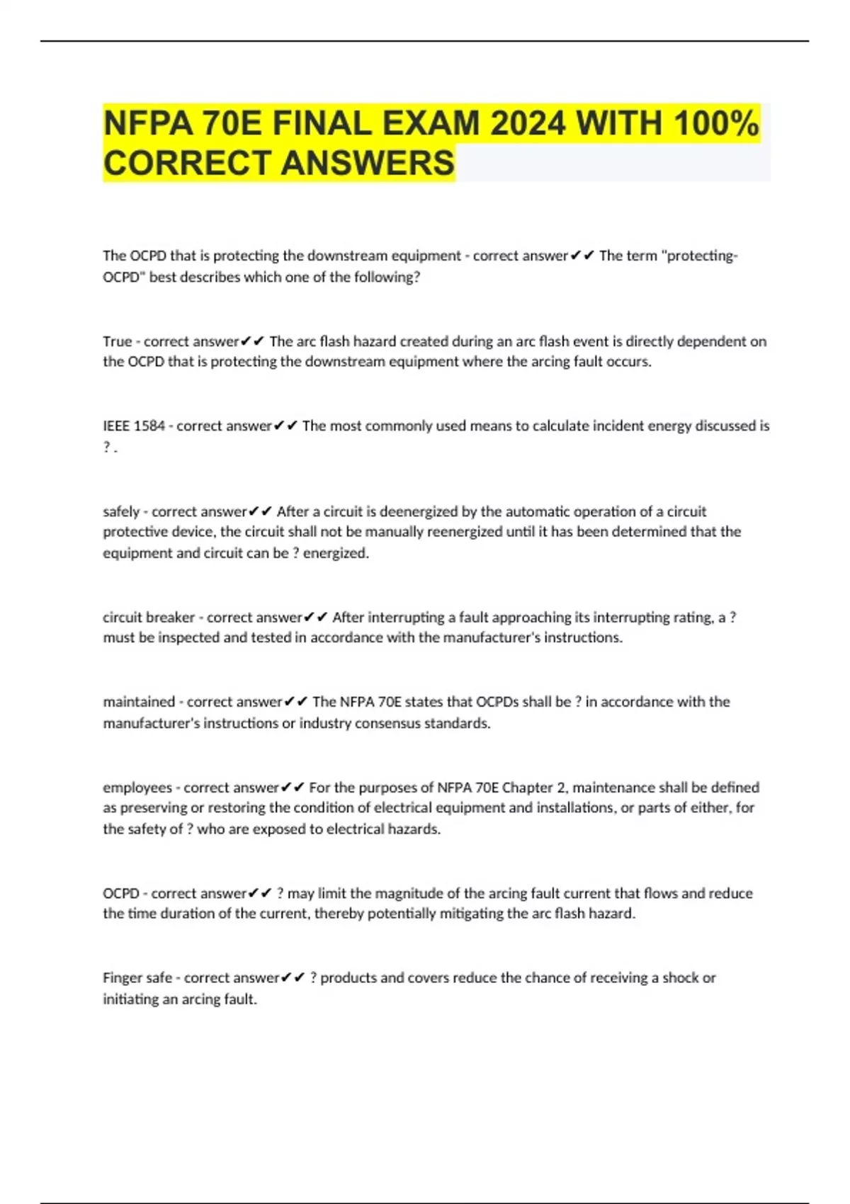 NFPA 70E FINAL EXAM 2024 WITH 100% CORRECT ANSWERS - NFPA70E - Stuvia US
