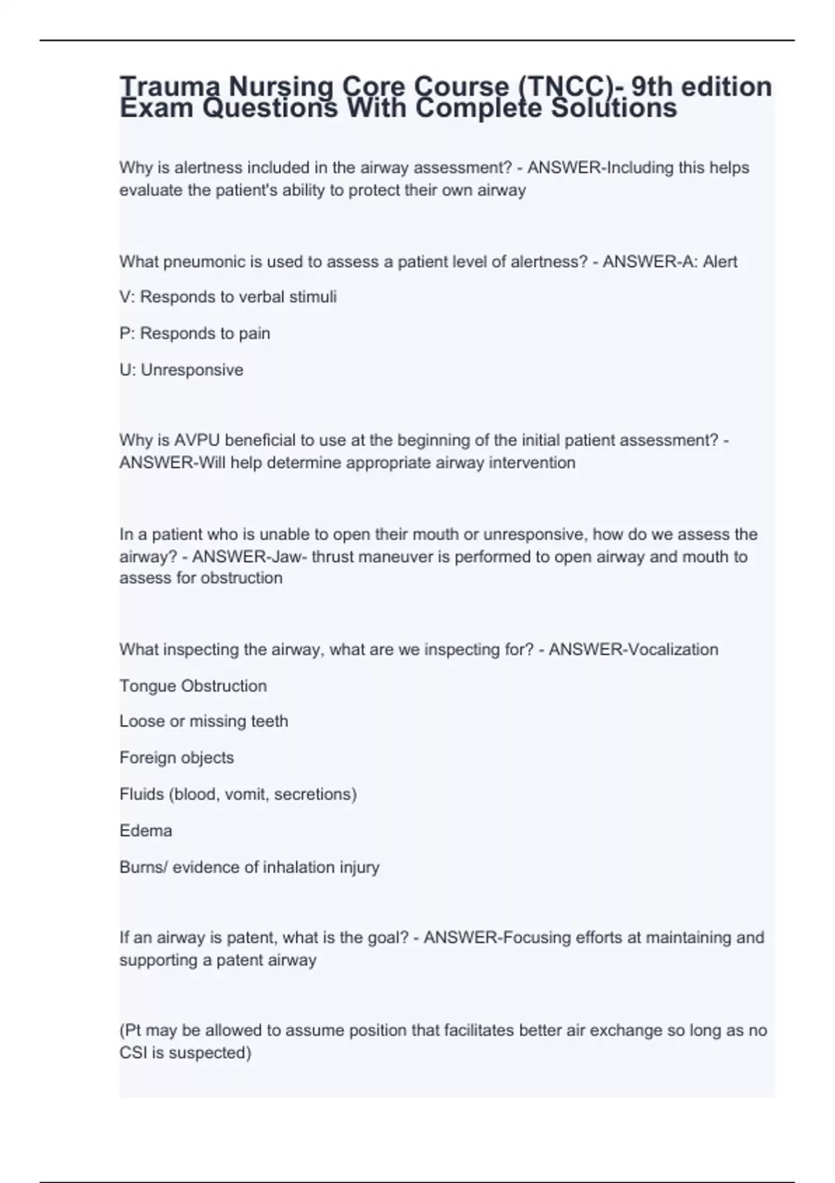 Trauma Nursing Core Course (TNCC)- 9th edition Exam Questions With Complete Solutions - Trauma ...