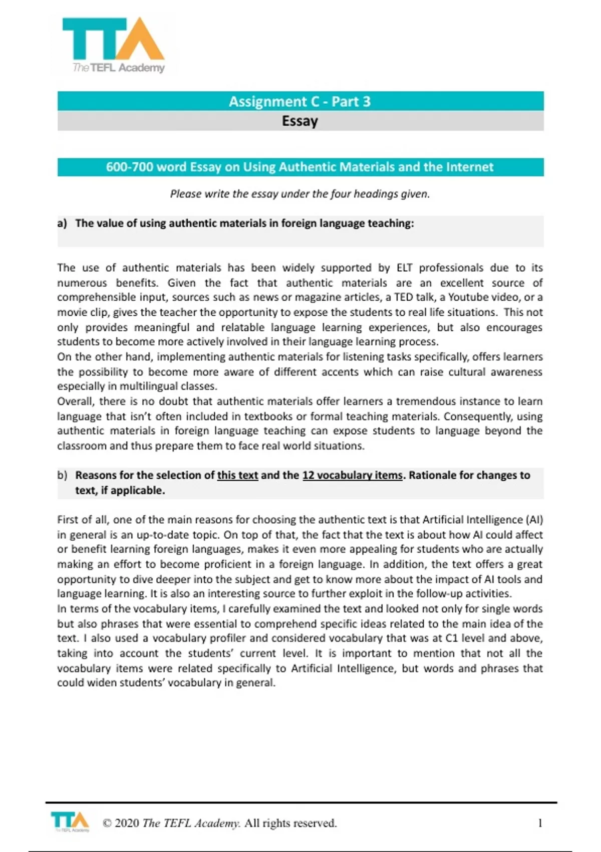THE TEFL ACADEMY ASSIGNMENT C Essay 'Exploiting Authentic Materials and the Internet for ...
