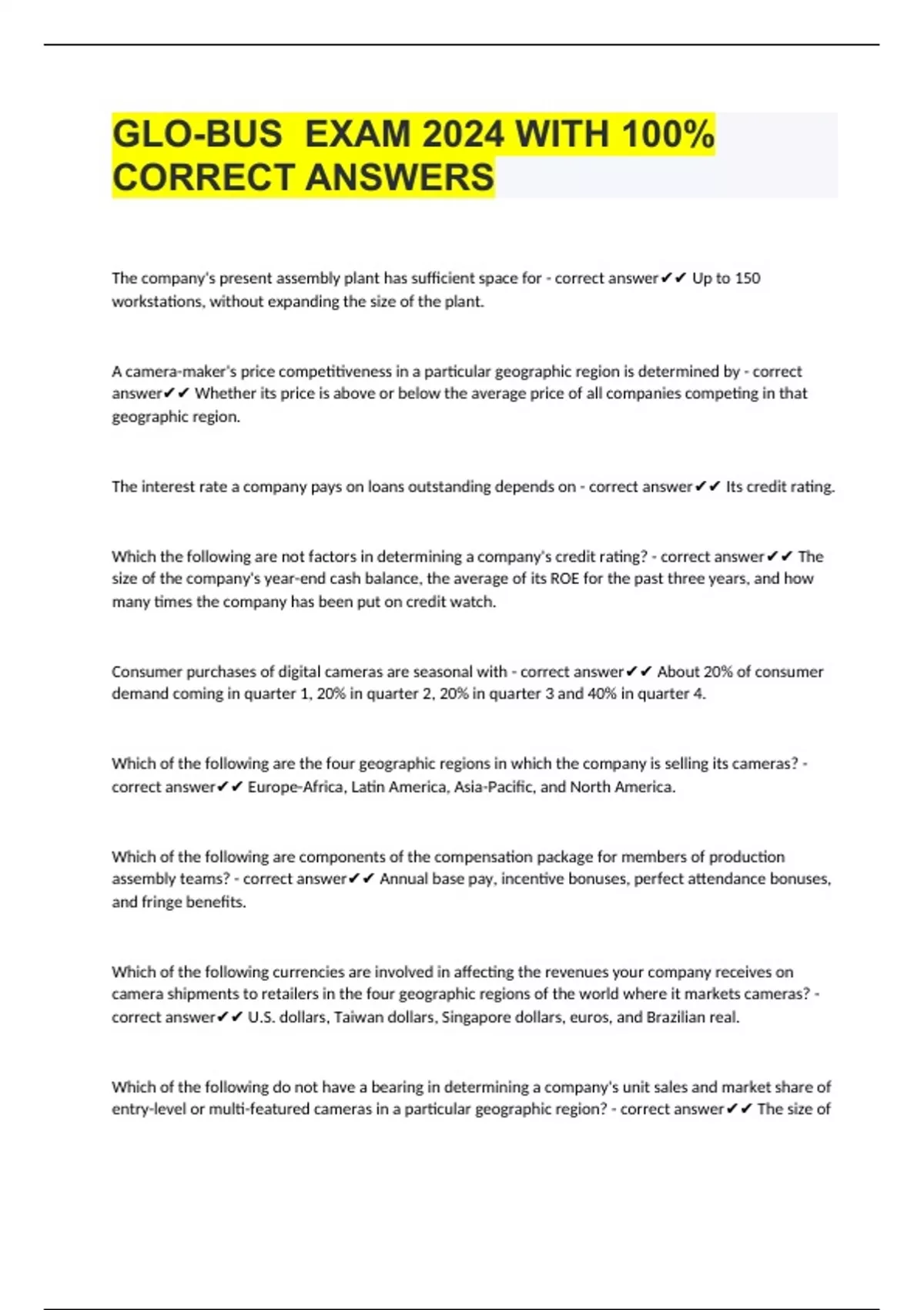 GLO-BUS EXAM 2024 WITH 100% CORRECT ANSWERS - GLO-BUS - Stuvia US