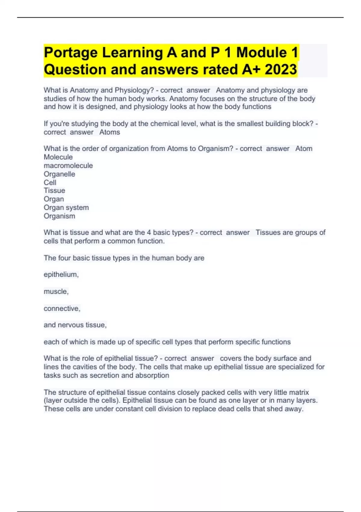 Portage Learning A and P 1 Module 1 Question and answers rated A+ 2024 ...