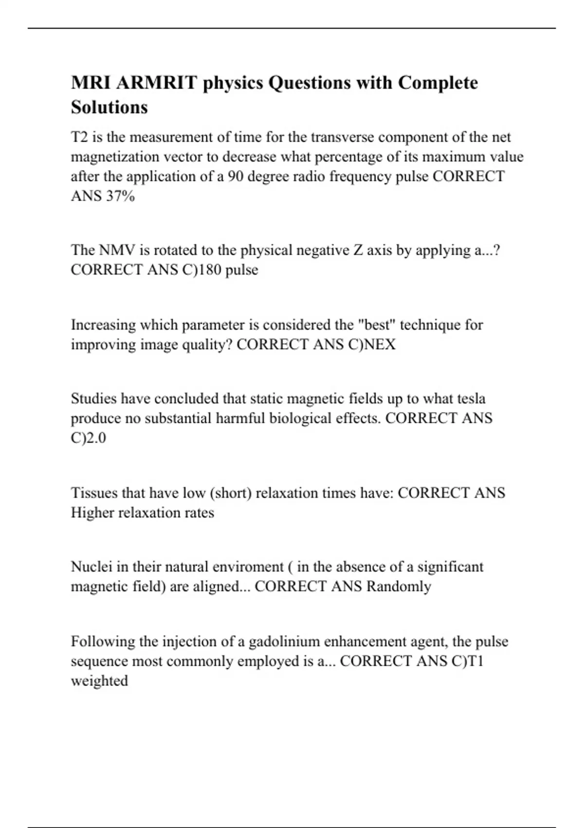 MRI ARMRIT physics Questions with Complete Solutions - ARMRIT - Stuvia US