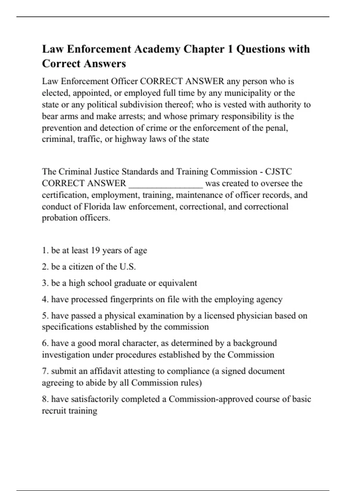 Law Enforcement Academy Chapter 1 Questions with Correct Answers - LEO ...