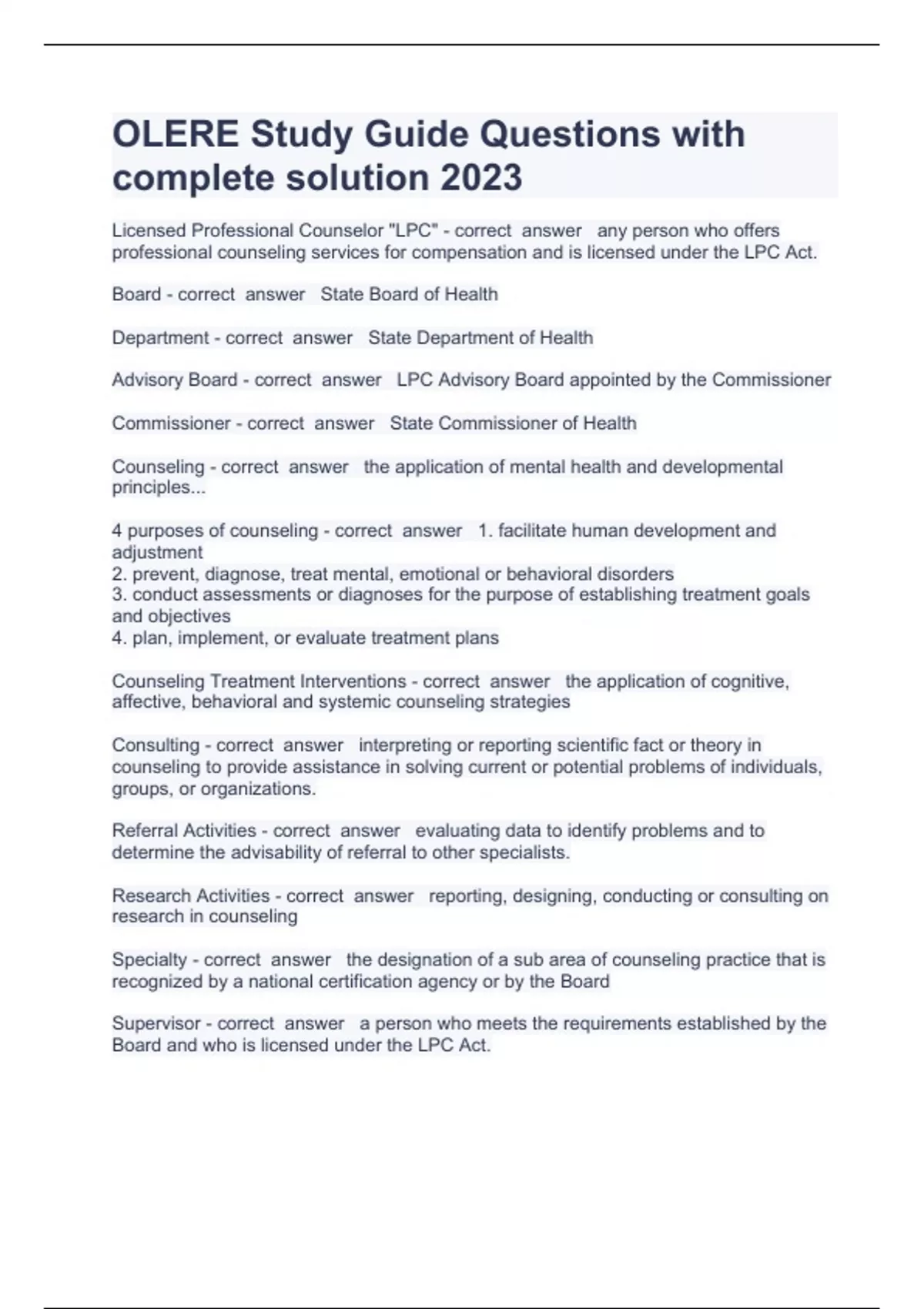 OLERE Study Guide Questions with complete solution 2024 - OLERE - Stuvia US